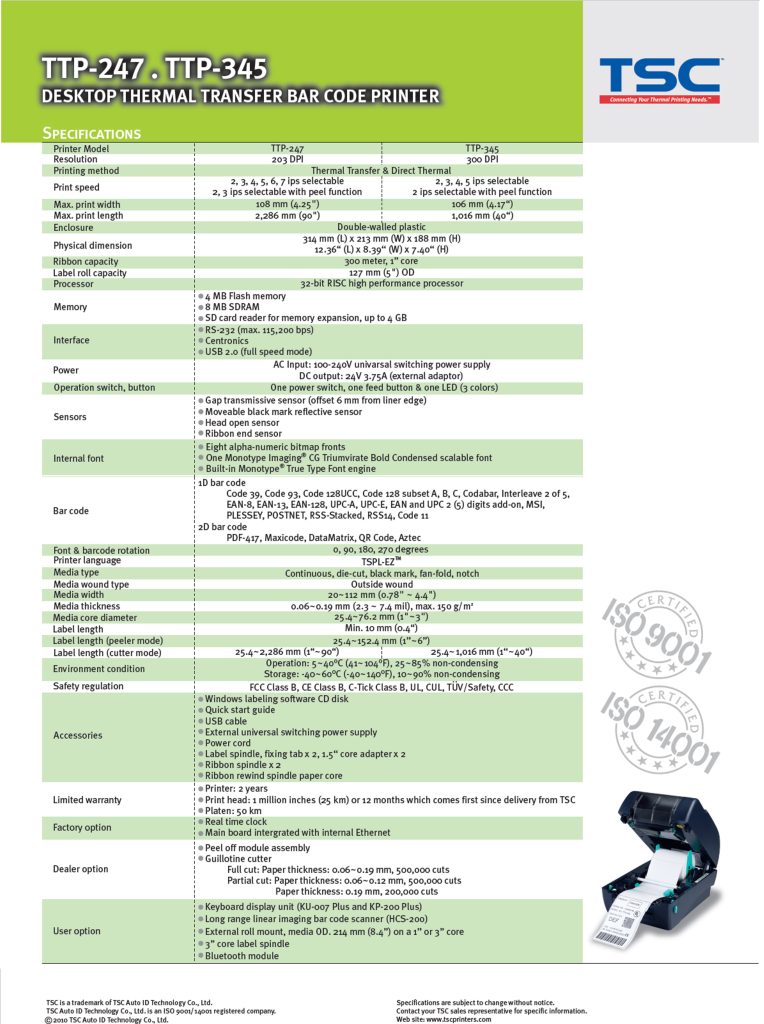 TSC TTP-345 Desktop Direct Thermal Barcode Label Printer
